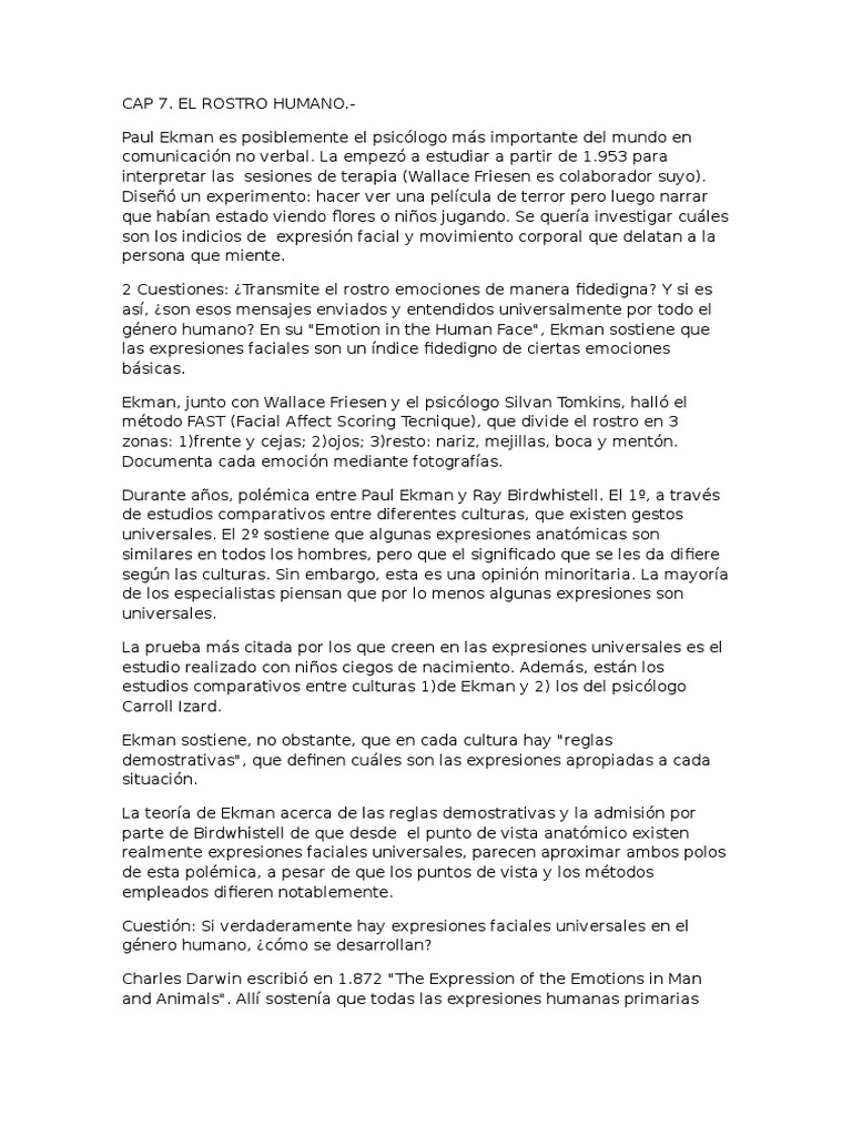 Resumen De: El Rostro Humano Cap7 | PDF | Expresión facial | Experiencia subjetiva