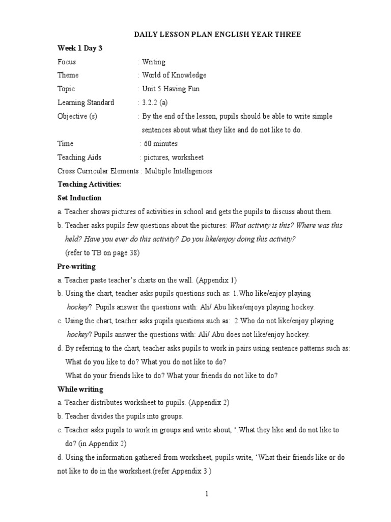 DAILY - LESSON - PLAN - ENGLISH - YEAR - 3.unit 5 | PDF | Lesson Plan ...