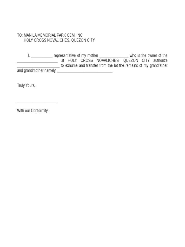 Exhumation Authorization Letter Template | PDF