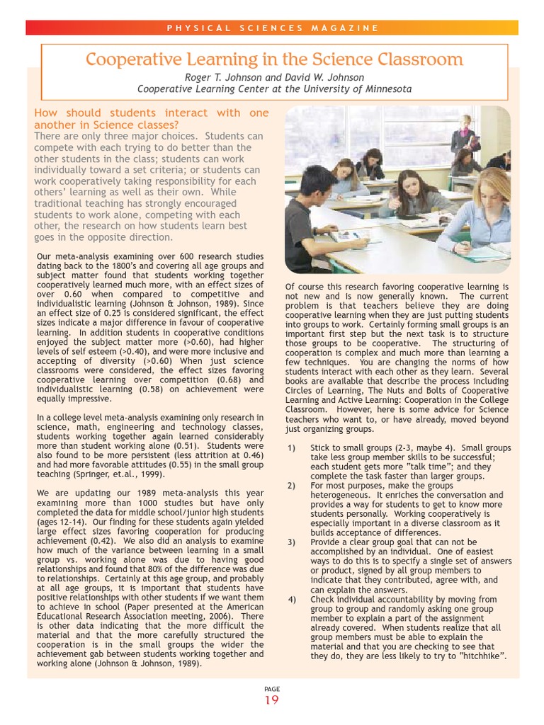 Johnson, R. T., & Johnson, D. W. (1986). Cooperative learning in the ...