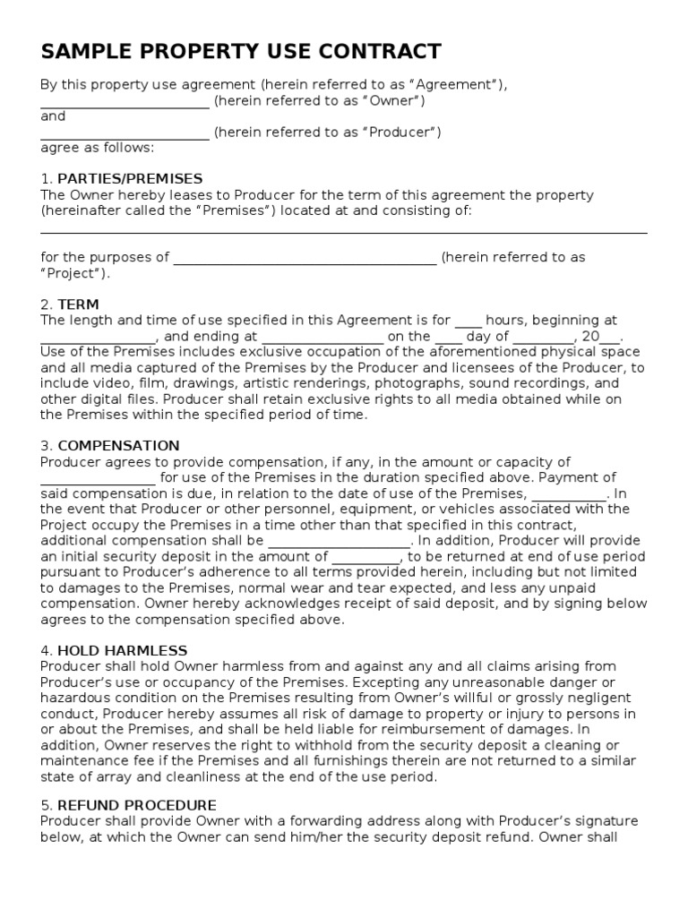 Property Use Agreement Sample | PDF | Lease | Damages