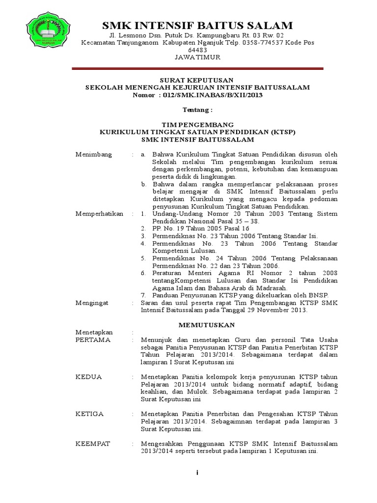 SK Tim Pengembang KTSP BTs | PDF