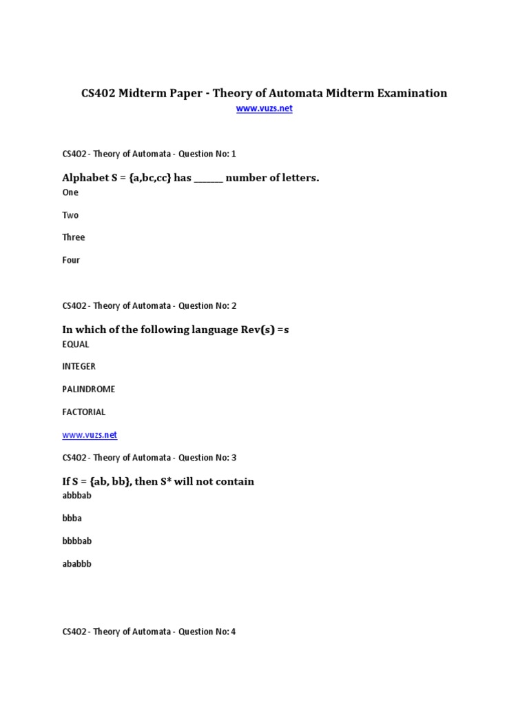 Theory of Automata - CS402 Mid Term Paper | PDF