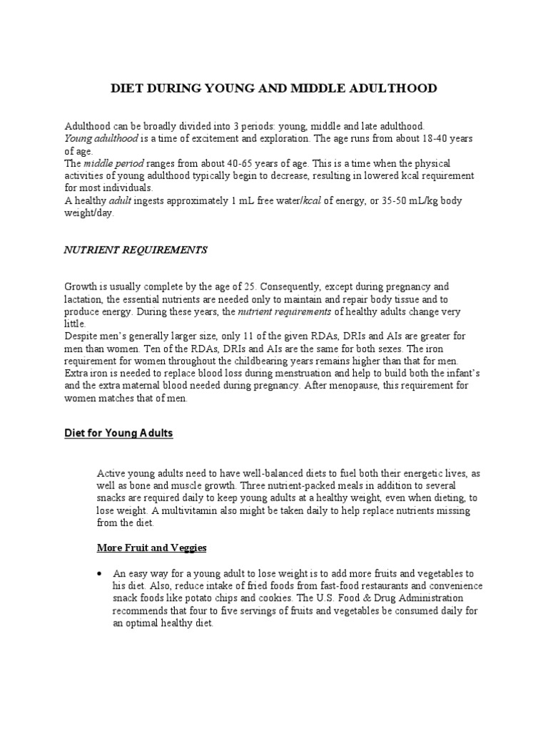 Diet During Young and Middle Adulthood | PDF | Foods | Vegetables