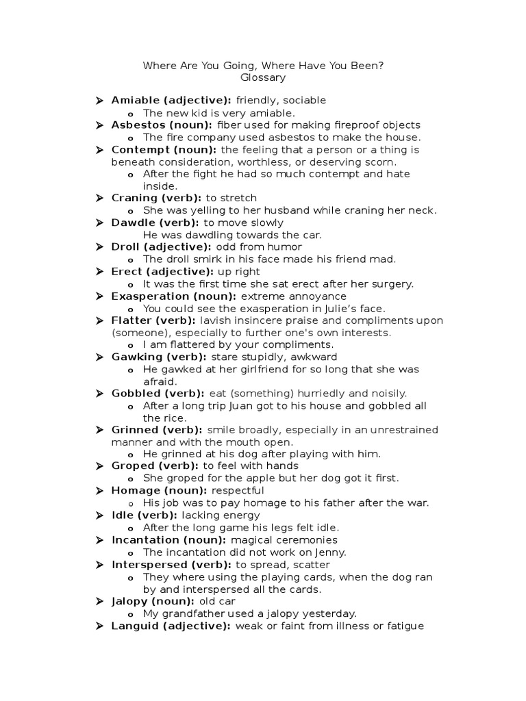 Vocabulary Glossary for "Where Are You Going, Where Have You Been ...
