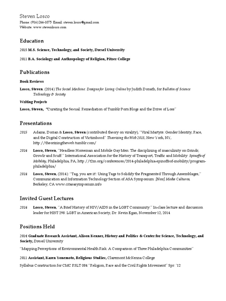 CV Steven Losco June 2015 | PDF | Anthropology | Sociology