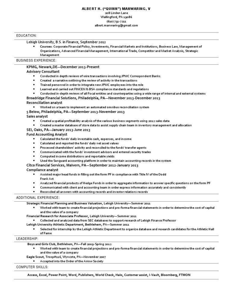 Resume Albert H Manwaring V | PDF | Financial Analyst | Accounting