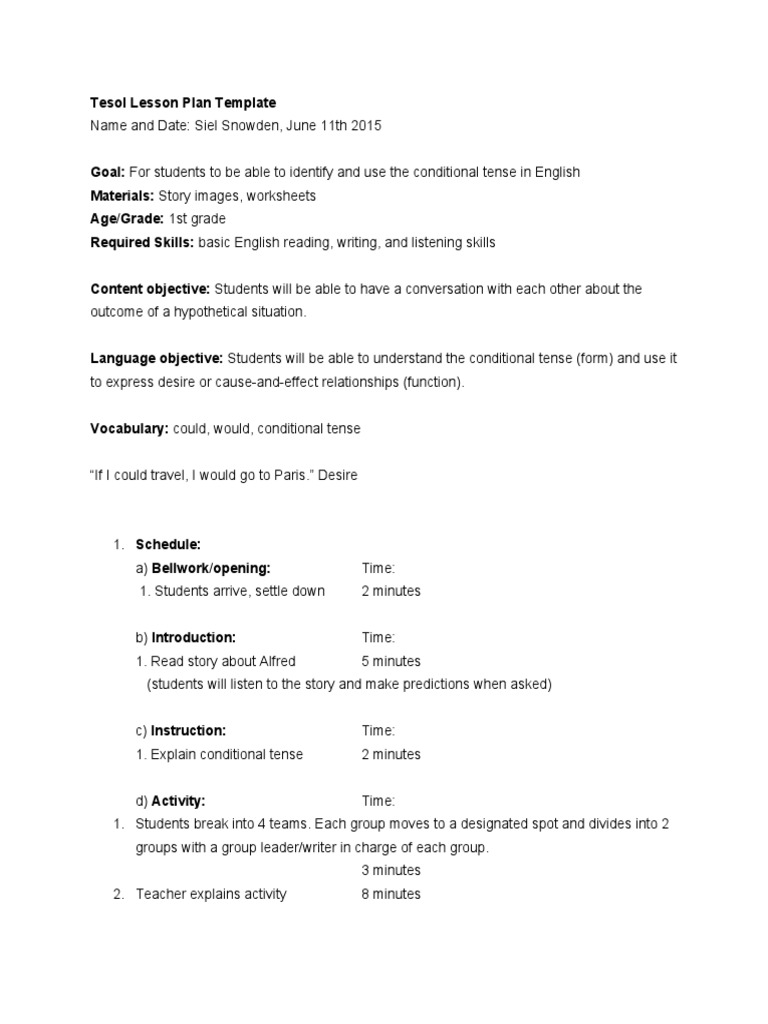 Tesol Lesson Plan Template | PDF