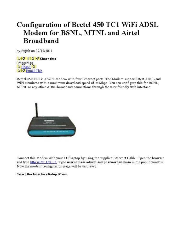 Configuration of Beetel 450 TC1 WiFi ADSL Modem For BSNL | PDF | Wi Fi ...