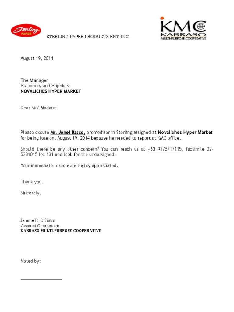 Excuse Letter Streling | PDF | Food Retailing | Retailers
