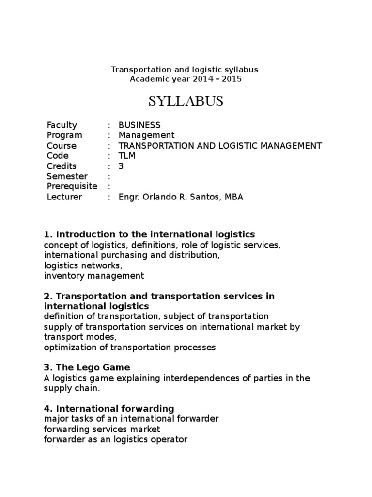Transportation and Logistics Management Syllabus | PDF | Logistics ...