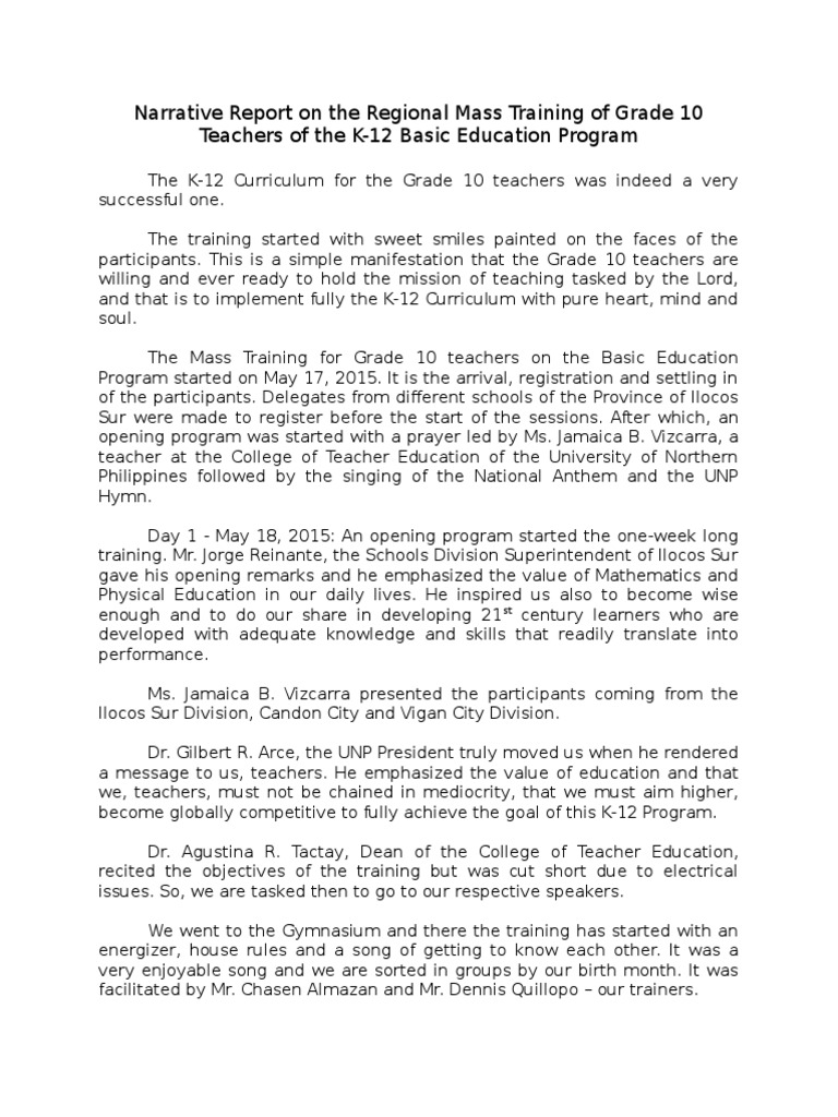 K-12 Training Report for Grade 10 Teachers | PDF | Teachers | Teaching