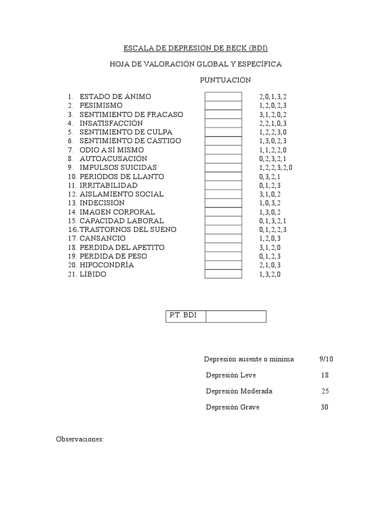 Escala de Depresión de Beck (Bdi) | PDF | Depresión (estado de ánimo ...