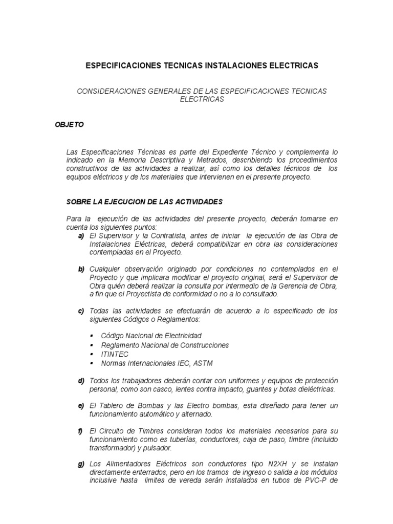 Especificaciones Tecnicas Electricas | PDF | Tubería (transporte de fluidos) | Enchufes y tomas ...