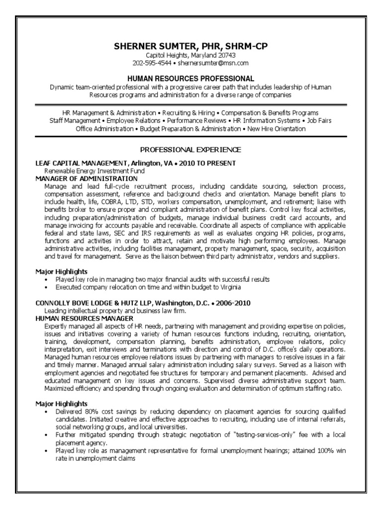 Human Resources Manager HR Business Partner in Washington DC Resume ...
