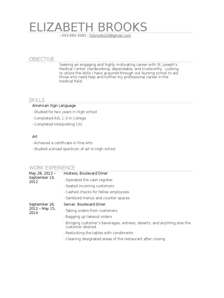 Nursing Career Resume for Elizabeth Brooks | PDF