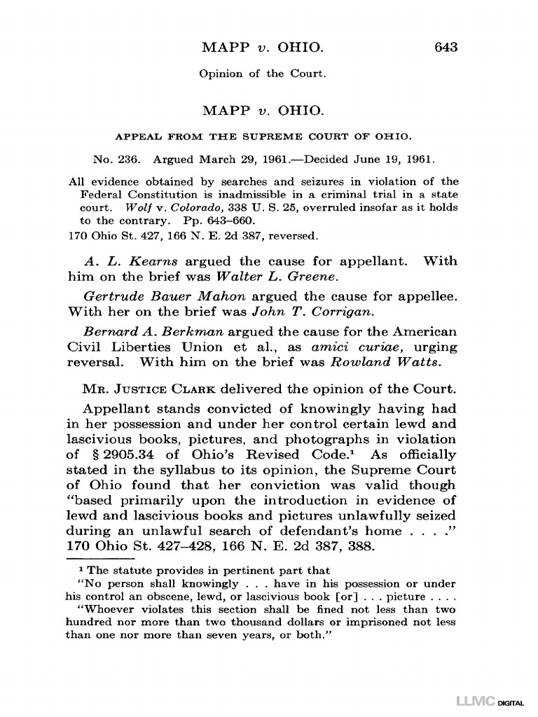 Mapp V Ohio | PDF | Fourth Amendment To The United States Constitution ...