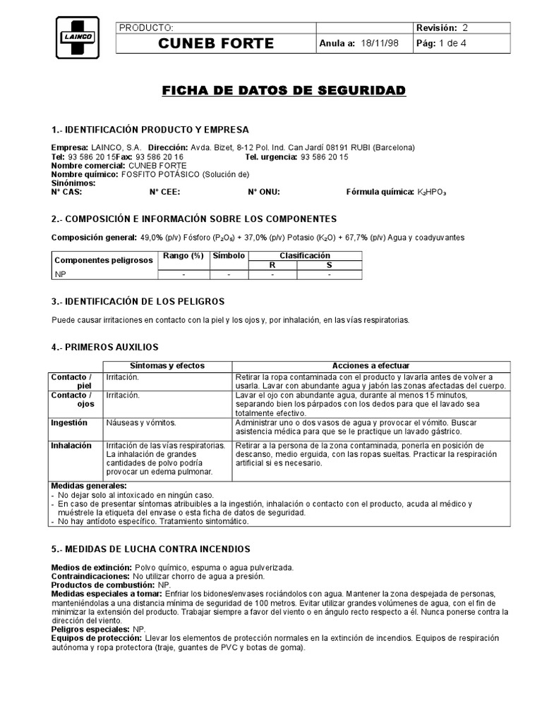 MSDS Cuneb Forte | PDF | Agua | Residuos