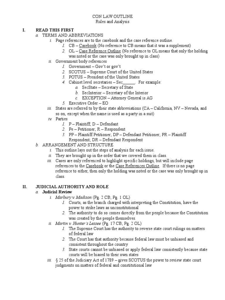 Con Law Outline - Rules and Analysis | Standing (Law) | Federal Preemption