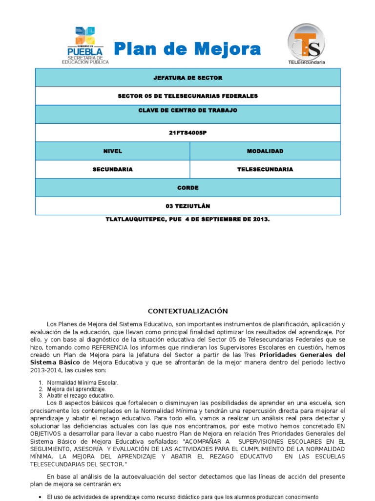 Plan de Mejora | PDF | Lectura (proceso) | Aprendizaje