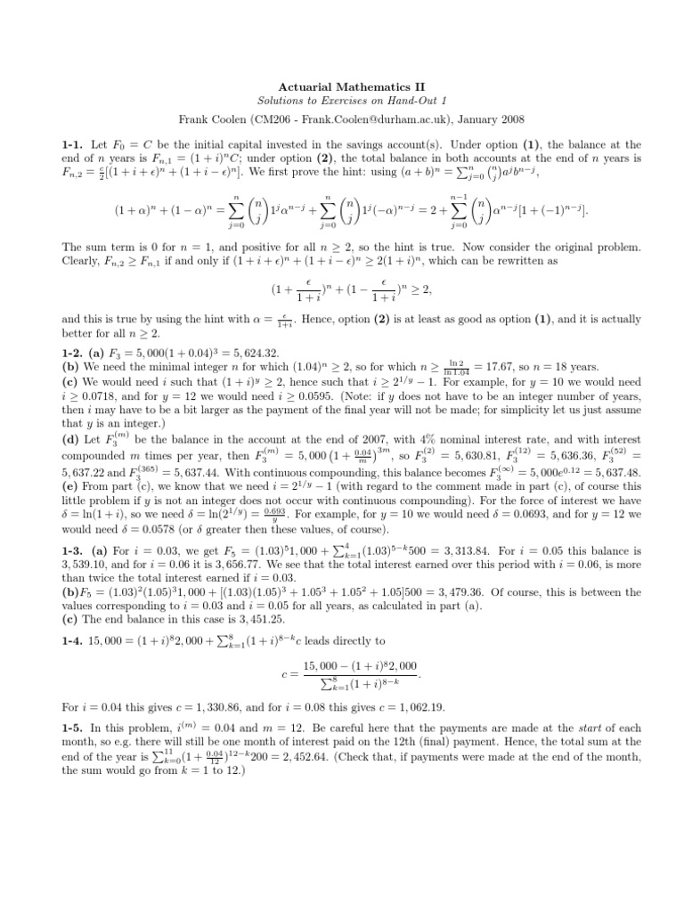 Actuarial Mathematics II Solutions To Exercises On | PDF | Present Value | Annuity (European)