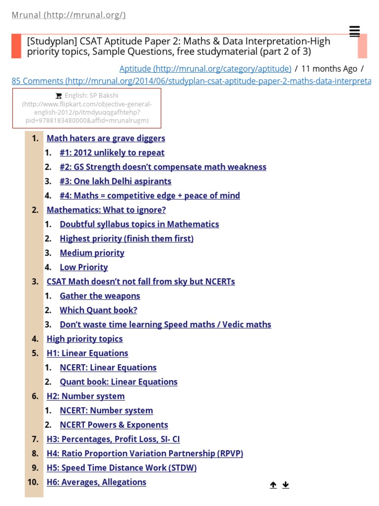 CSAT Maths & DI - Studyplan Without Coaching, High Priority Topics | PDF | Numbers | Equations