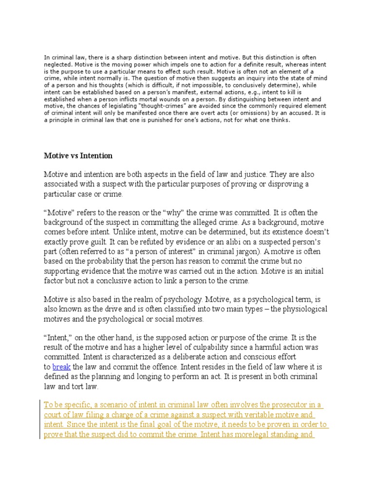 Motive Vs Intent | PDF | Intention (Criminal Law) | Crime & Violence