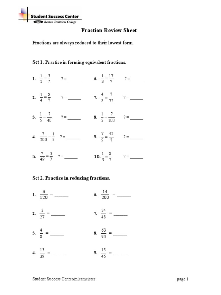 Fraction Review Sheet | PDF | Fraction (Mathematics) | Notation