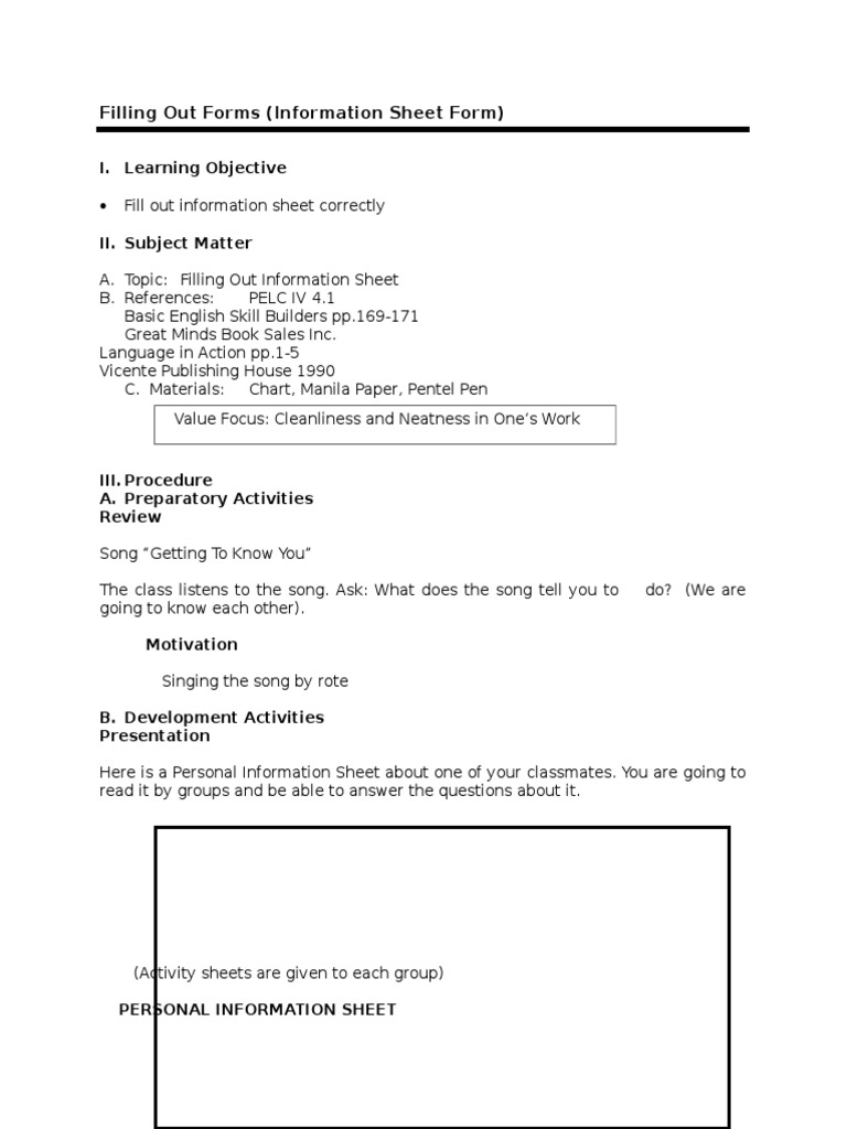 Filling Out Forms Information Sheet Form | Download Free PDF | Learning ...