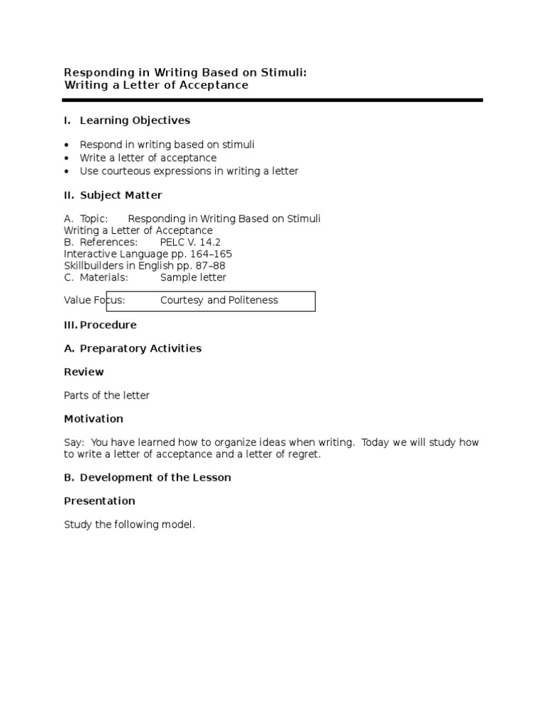 Writing Responding in Writing Based On Stimuli Writing A Letter of ...