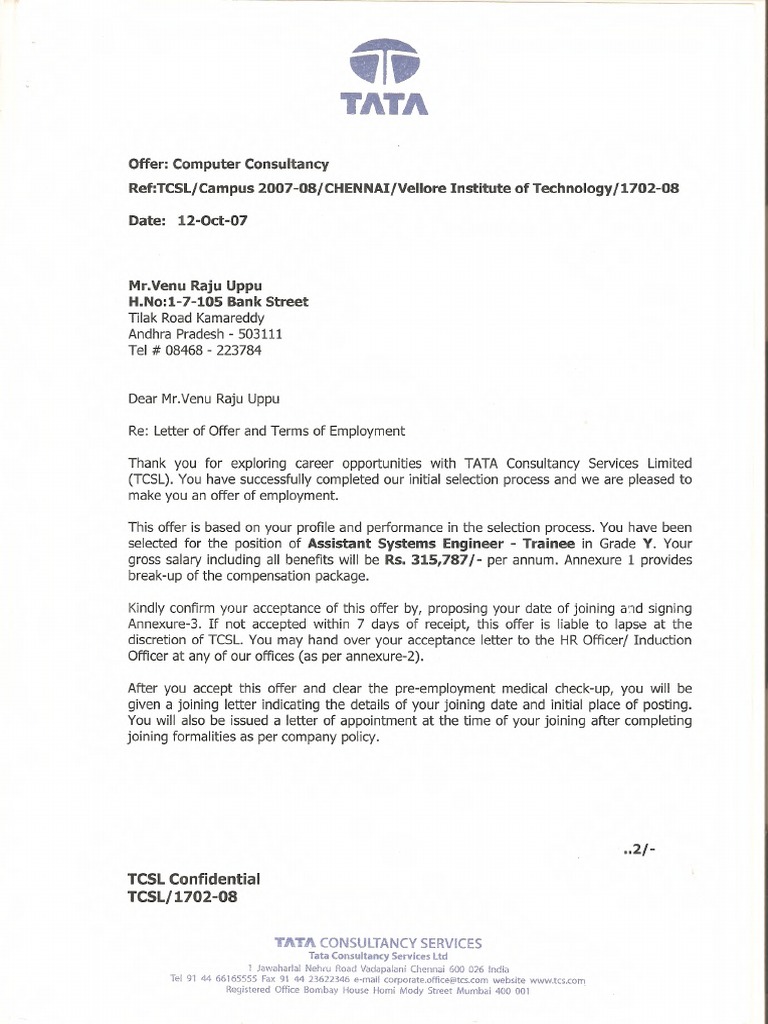 Tcs Offer Letter pdf