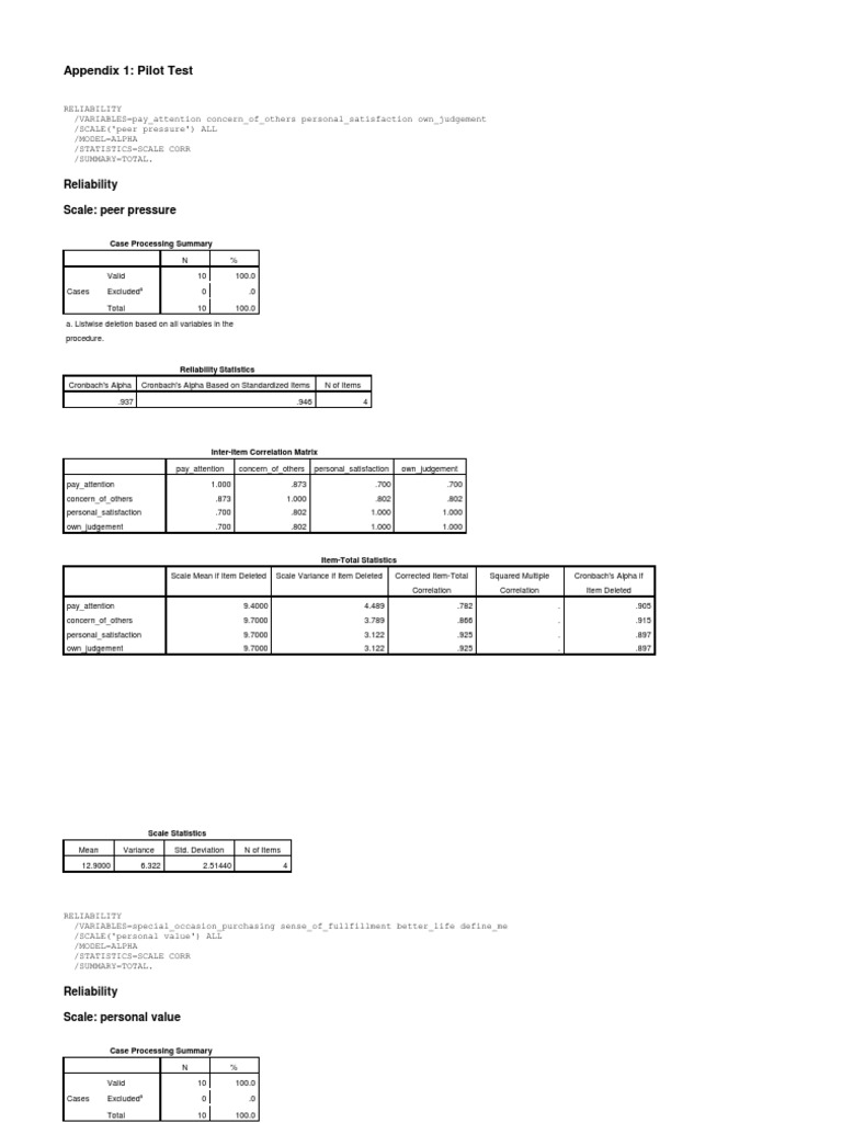 SPSS Pilot Test Sample | PDF | Cronbach's Alpha | Variance