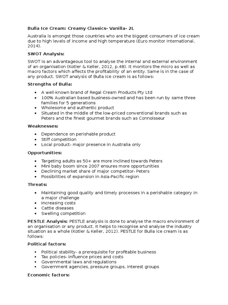 Bulla Ice Cream SWOT and PESTLE Analysis | PDF | Competition | Swot ...