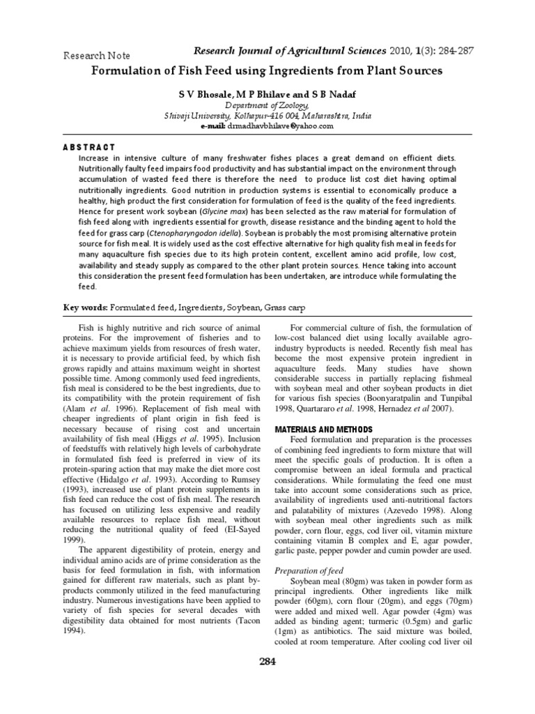 Formulation of Fish Feed Using Ingredients From Plant Sources ...