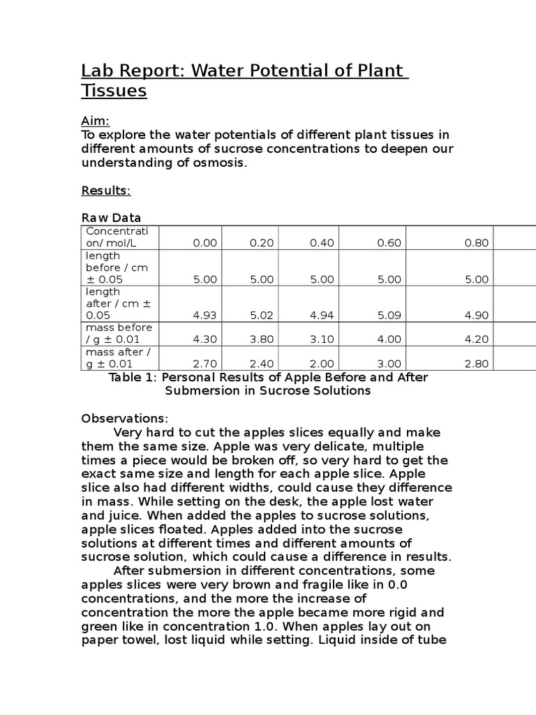 Potato Osmosis and Water Potential Results | PDF | Concentration | Sucrose
