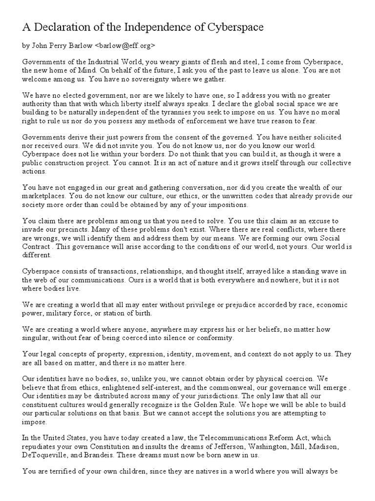 Declaration of Independence of Cyberspace | PDF | Cyberspace | Public ...