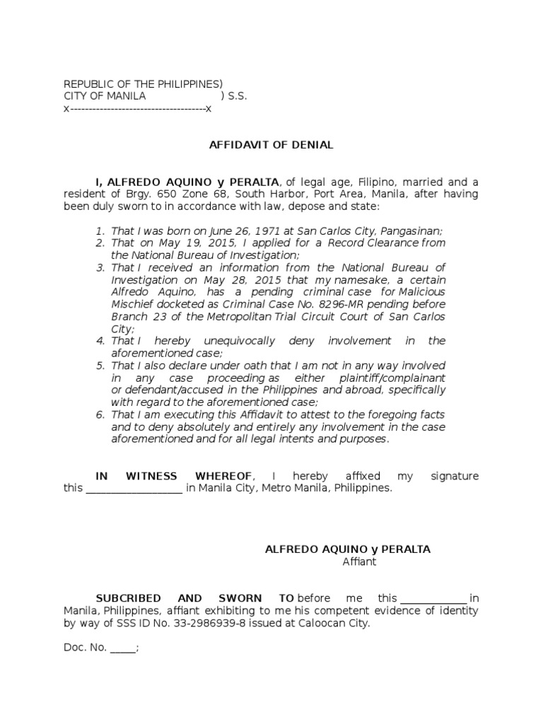 Sample Affidavit | PDF | Law