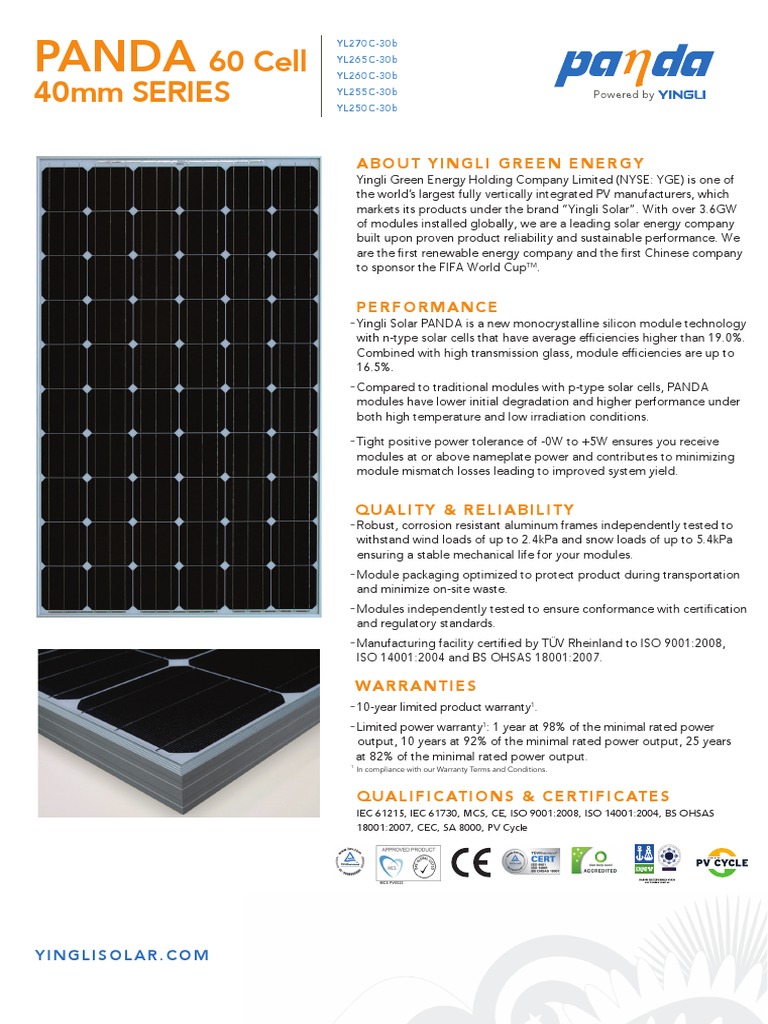 Yingli Solar PANDA YL270C 30b Data Sheet 1 PDF | PDF | Electrical Engineering | Renewable Energy