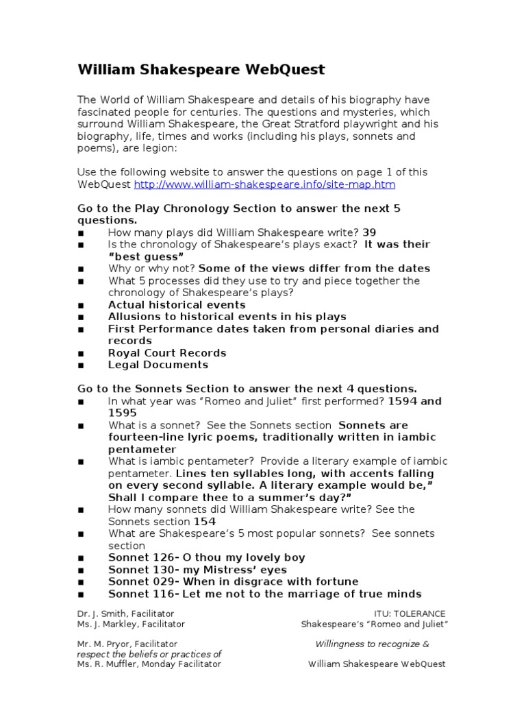 William Shakespeare WebQuest | PDF | William Shakespeare | Sonnets