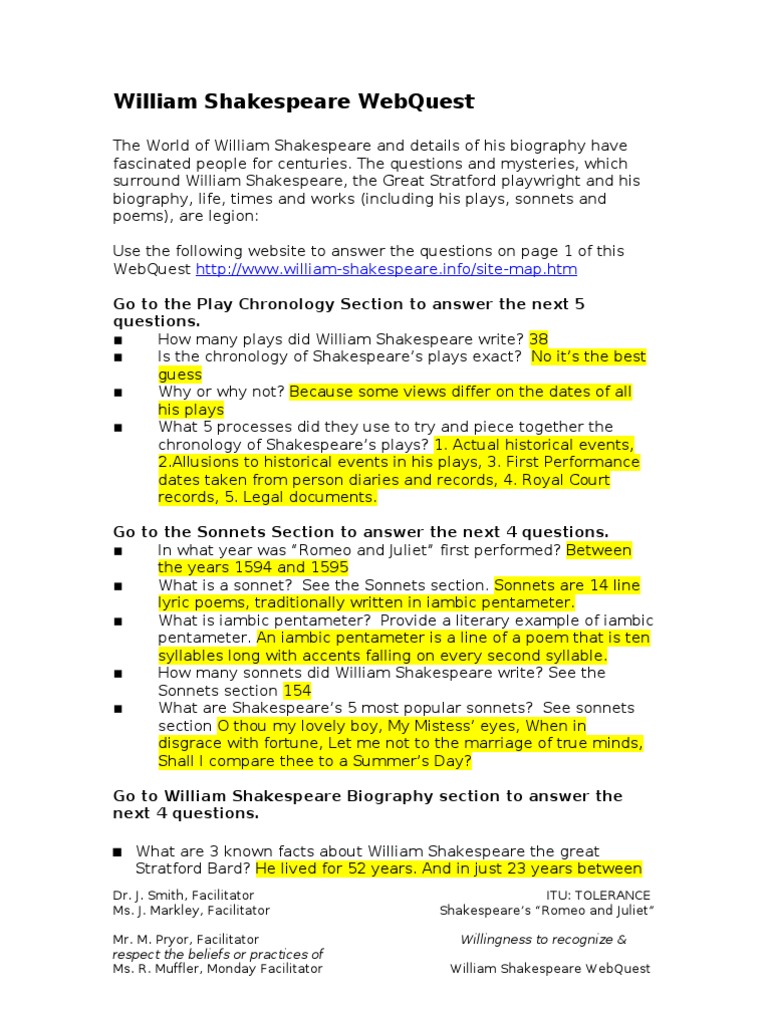 Shakespeare WebQuest Overview | PDF | William Shakespeare | Sonnets