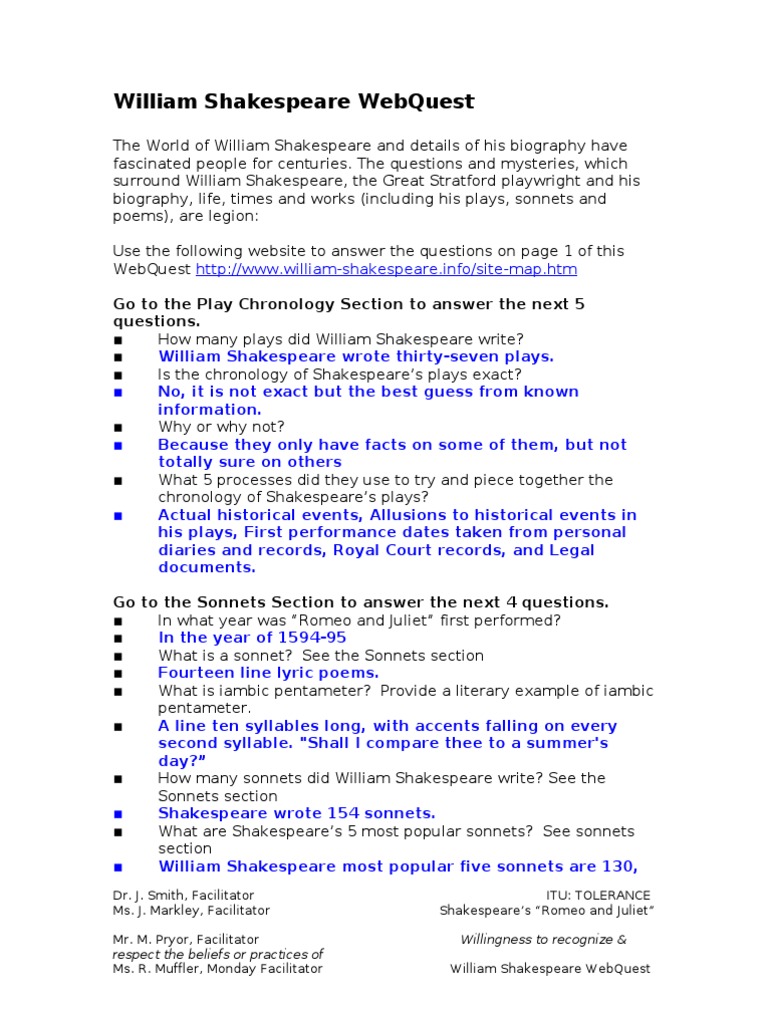 William Shakespeare WebQuest | PDF | William Shakespeare | Sonnets