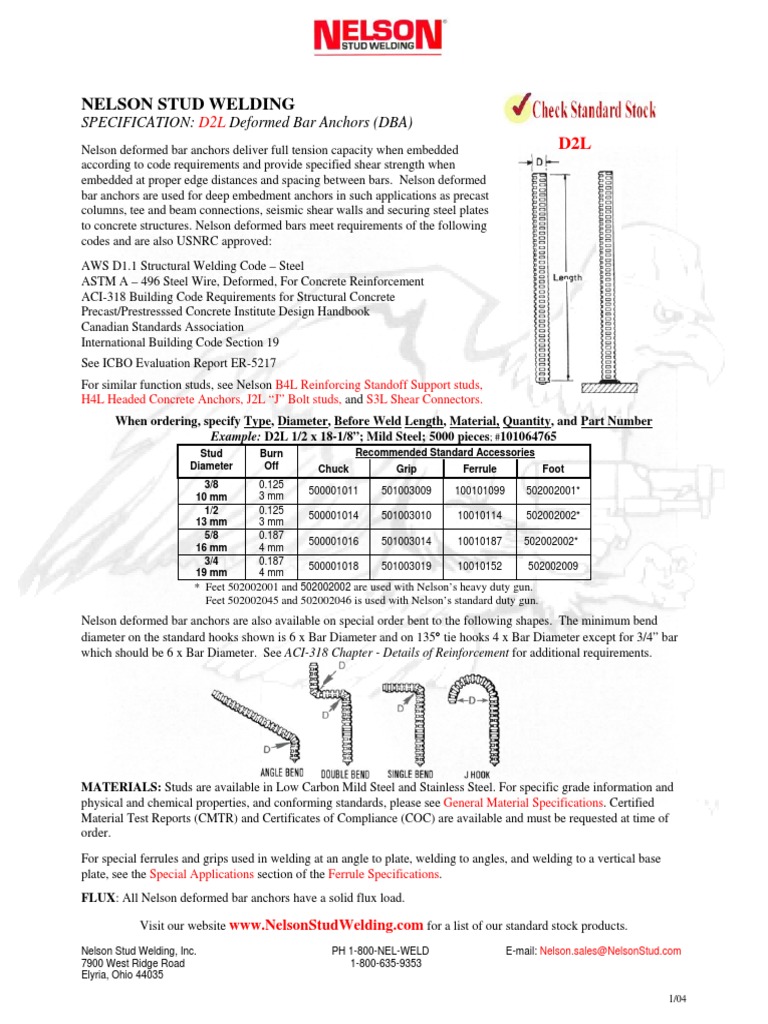 Nelson Stud Welding - D2L Deformed Bar Anchors (DBA) | PDF | Home ...