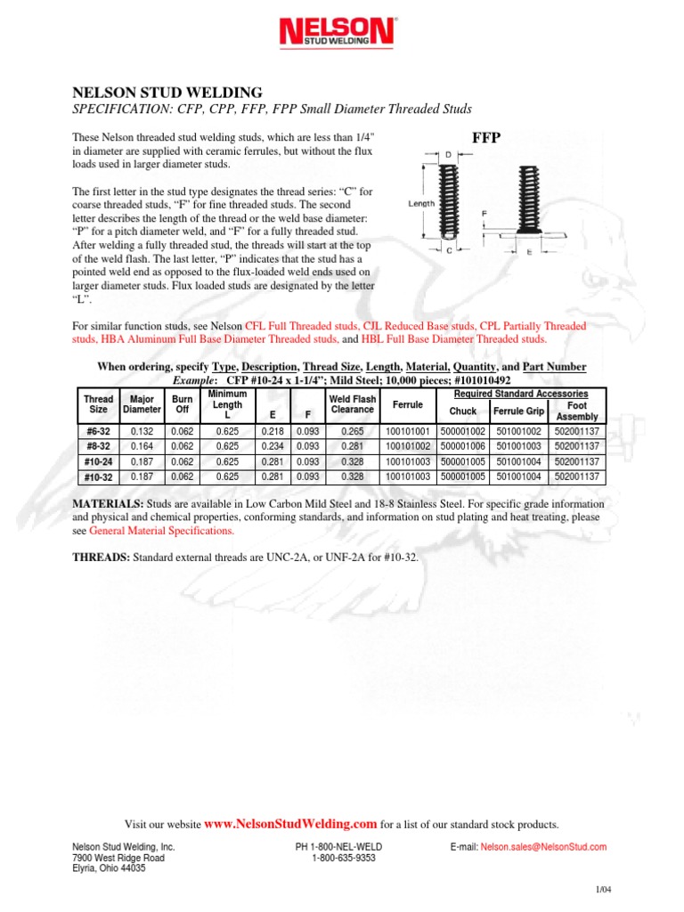Nelson Stud Welding - CFP, CPP, FFP, FPP Small Diameter Threaded Studs | PDF | Joining | Welding
