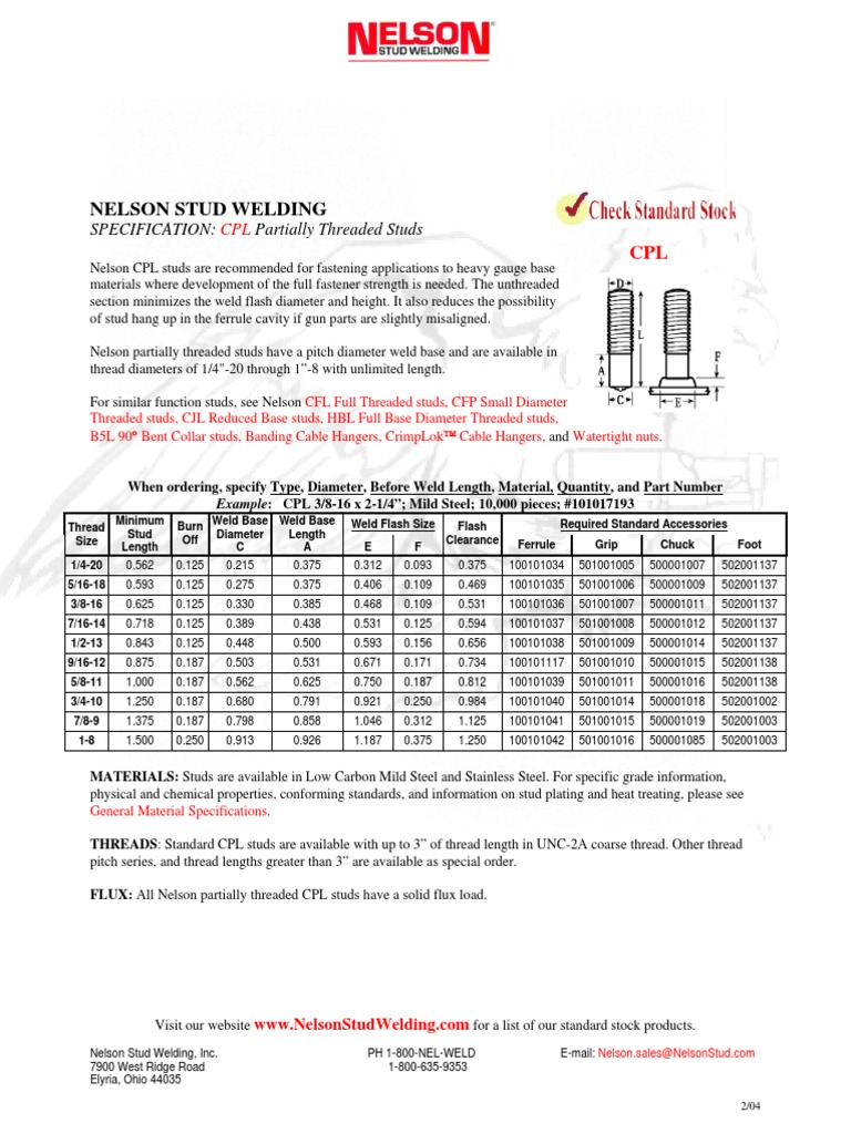 Nelson Stud Welding - CPL Partially Threaded Studs | PDF