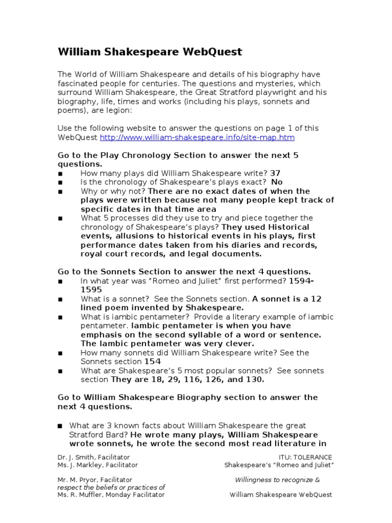 Shakespeare WebQuest Overview | PDF | William Shakespeare | Sonnets