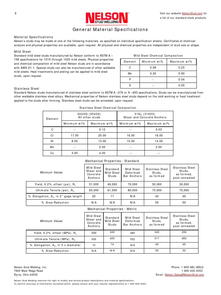 Nelson Stud Welding - General Material Specifications | Strength Of Materials | Yield (Engineering)