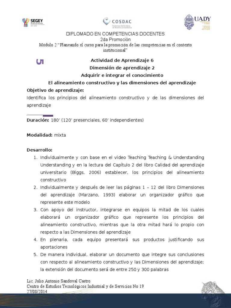 Alineamiento Constructivo Segun Biggs | PDF | Aprendizaje | Maestros