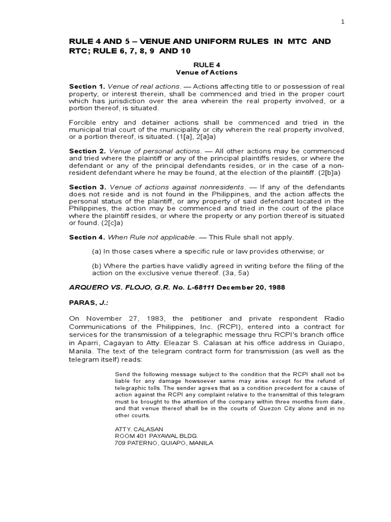 RULE 4 and 10 - Venue and Uniform Rules in MTC and RTC | PDF | Pleading ...