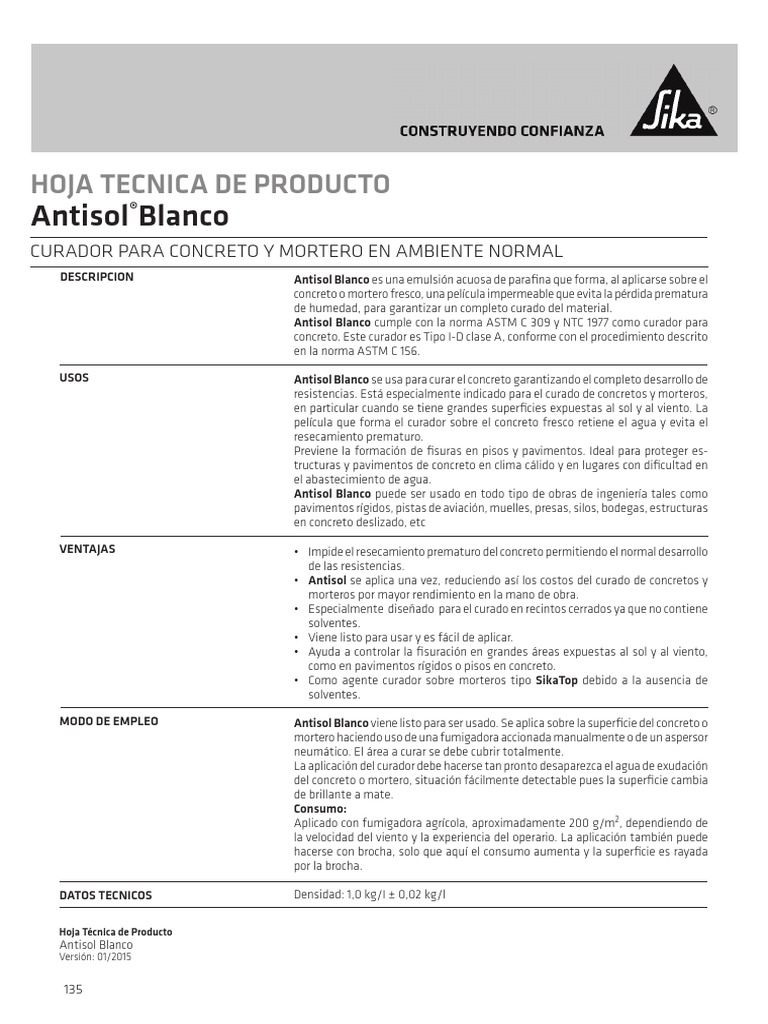 FICHA TECNICA Antisol Blanco | PDF | Hormigón | Agua