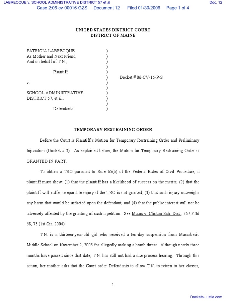 LABRECQUE v. SCHOOL ADMINISTRATIVE DISTRICT 57 Et Al - Document No. 12 ...